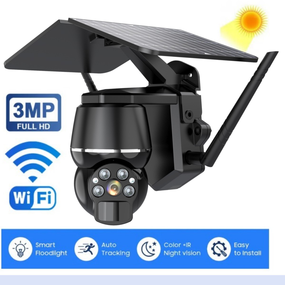 wireless 3MP solar power camera WiFi version with 32GB memory card Black