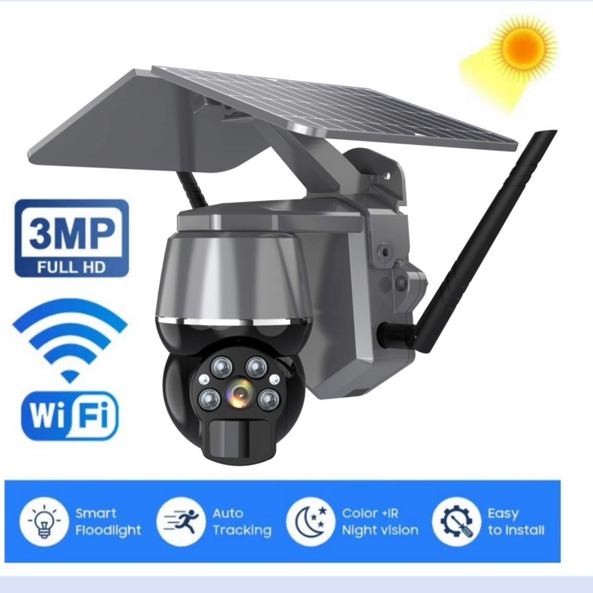 wireless 3MP solar power camera WiFi version with 32GB memory card Grey